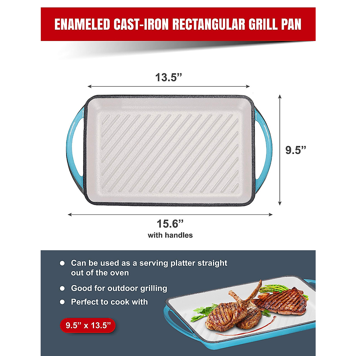 Enameled Cast-Iron Rectangular Grill Pan with Ridges, Oven Safe, Non-Stick Coating, Loop Handles, 9.5" x 13.5", Enameled Blue