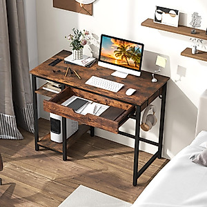 Giantex Computer Desk with Drawers and Power Outlets, Industrial Gaming Desk Computer Workstation with Adjustable Storage Shelf, Headphone Hooks, Study Writing Work Desk for Home Office