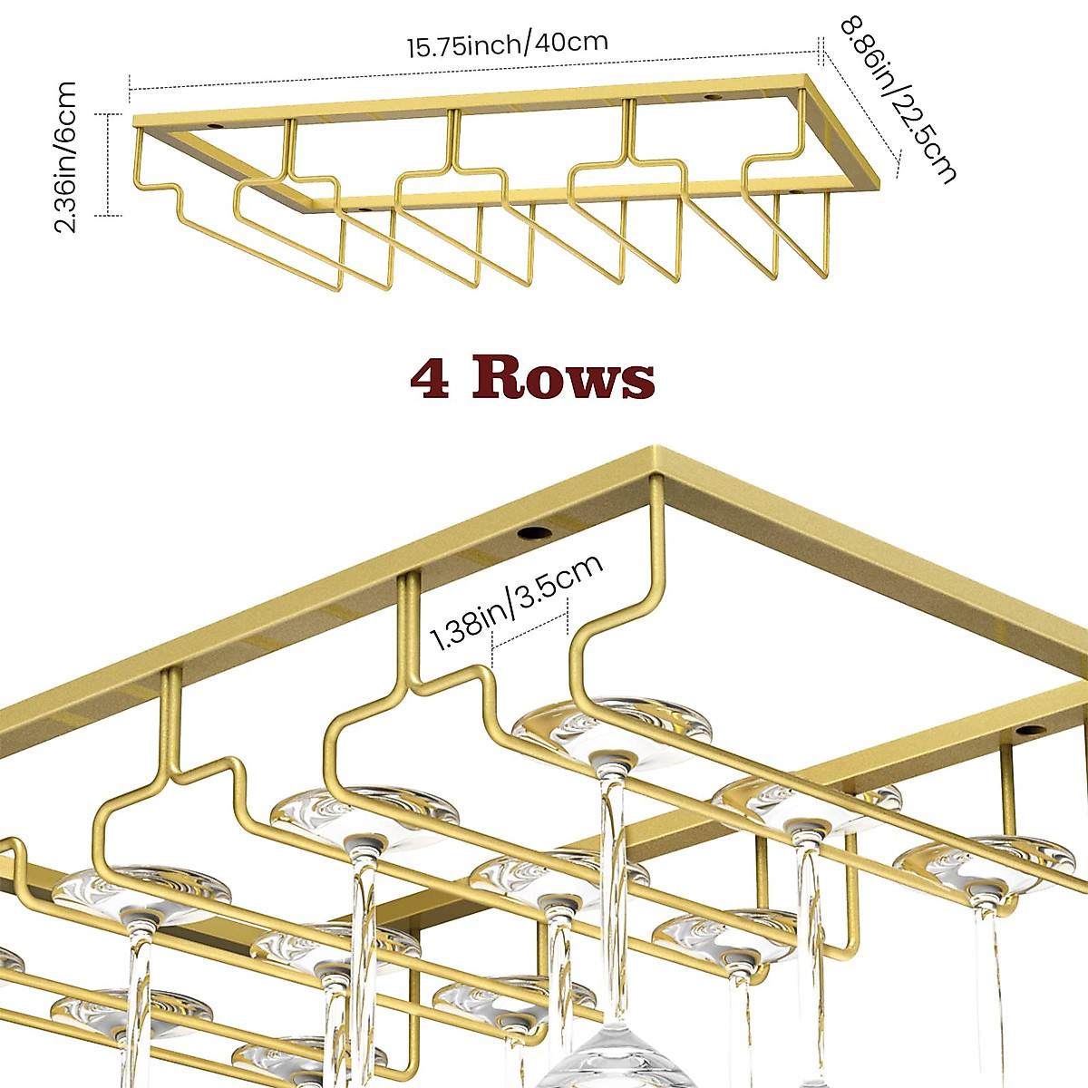 Nuovoware Hanging Stemware Holder, Wine Glass Holder Hanging Wine Glass Holder with 4 Rails for Under Shelf Glass Cabinet Hanging Chrome Kitchen Bar - Gold