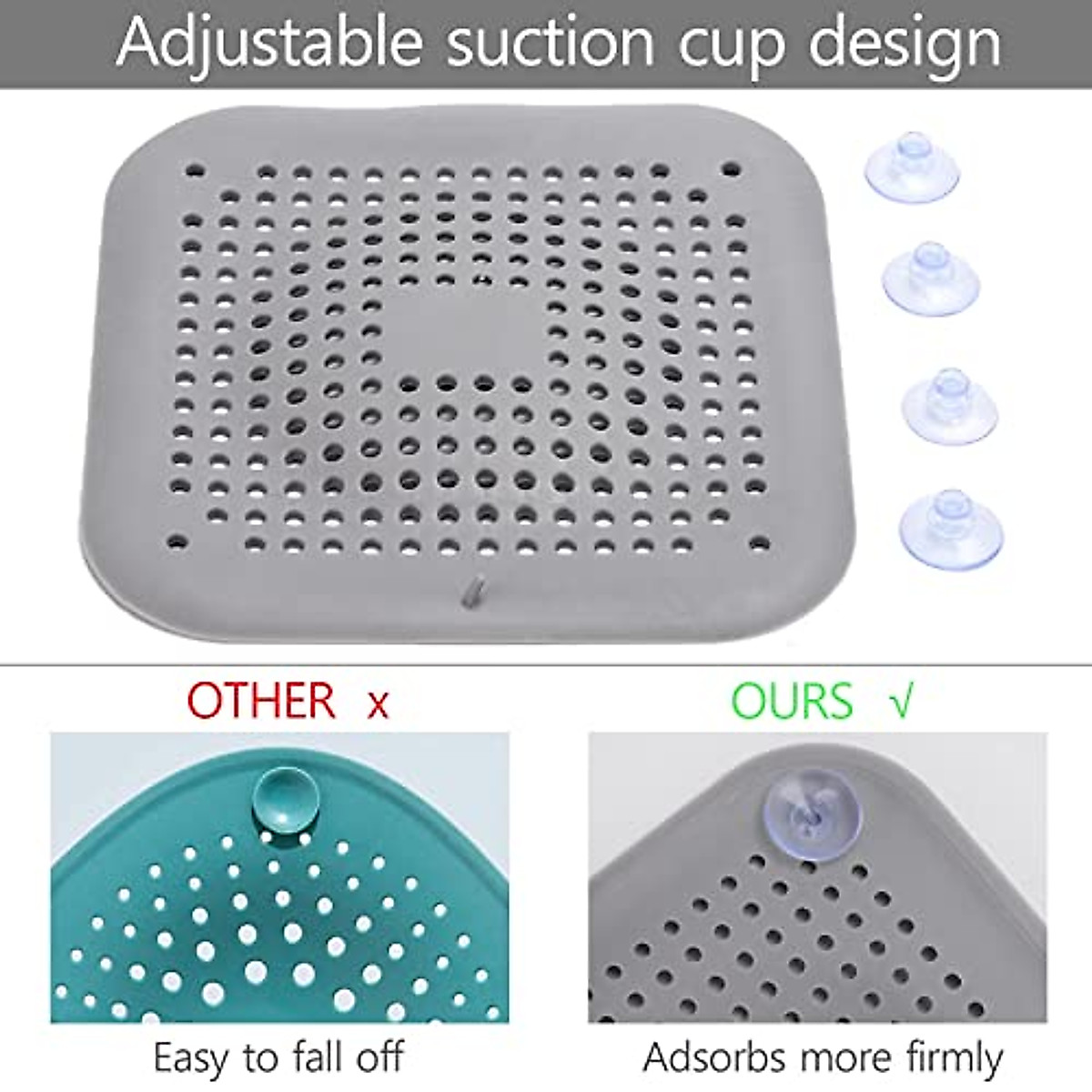Drain Hair Catcher, 4 Pack Square Drain Cover for Shower Silicone Hair Stopper Bathroom Sink Strainer with Adjustable Suction Cups (2 Grey + 2 White)