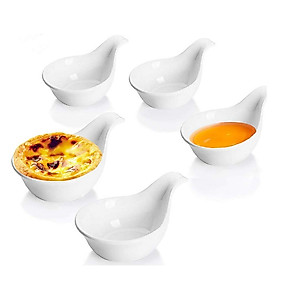 Leoyoubei White Dipping Bowls with Grip Handle,2 oz PorcelainTomato Sauce,Soy,Ketchup,Porcelain Dipping Bowls,Caviar,BBQ,Appetizer Spoon Styl Tableware 2.75",Stackable Ramekins 5 Pack