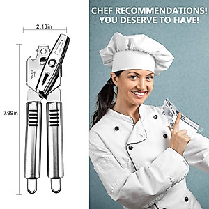 Stainless Steel Can Opener Manual Food-safe Good Grips with Built-in Bottle Opener Smooth Edge Stainless Steel Sharp Blade Safe Cover for Beer/Tin/Bottle, Food Grade-Silver