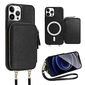 ZVE for iPhone 15 Pro Wallet Case Magsafe, Crossbody Magnetic Phone Case with Card Holder Wrist Strap for Women, Zipper Leather RFID Blocking Cover for iPhone 15 Pro, 6.1"-Black