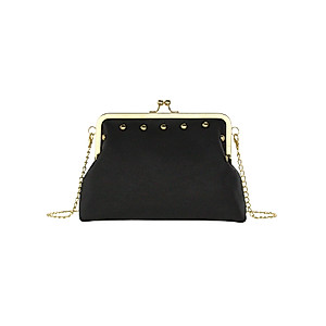 Olivia Miller Women's Fashion PU Leather Evening Bag Black Elegant Formal Crossbody Handbag Wedding Prom Party Clutch w Kiss Lock Closure n Detachable Chain