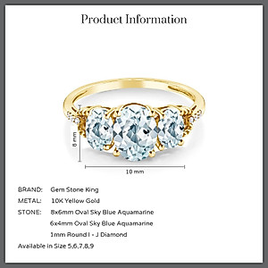 Gem Stone King 10K Yellow Gold Sky Blue Aquamarine and White Diamond 3-Stone Engagement Ring For Women | 2.24 Cttw | 3 Stone Wedding Anniversary Promise Ring For Women (Size 8)