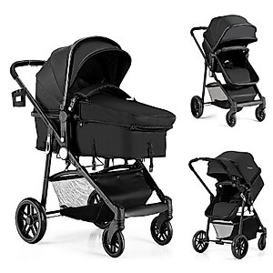 BABY JOY Baby Stroller, 2 in 1 Convertible Carriage Bassinet to Stroller, Pushchair with Foot Cover, Cup Holder, Large Storage Space, Wheels Suspension, 5-Point Harness (Black)