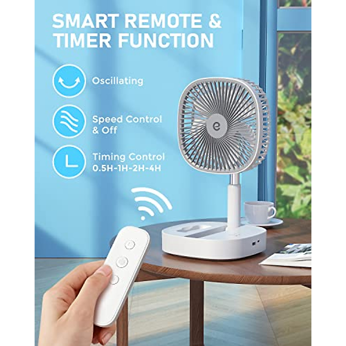 Portable Foldable Fan for Travel, Esemoil 8" Oscillating Rechargeable Fan with Remote, 10800mAh Rechargeable Folding Standing Table Fan with 4 Speeds, Floor Pedestal Fan for Bedroom Office Travel Camp