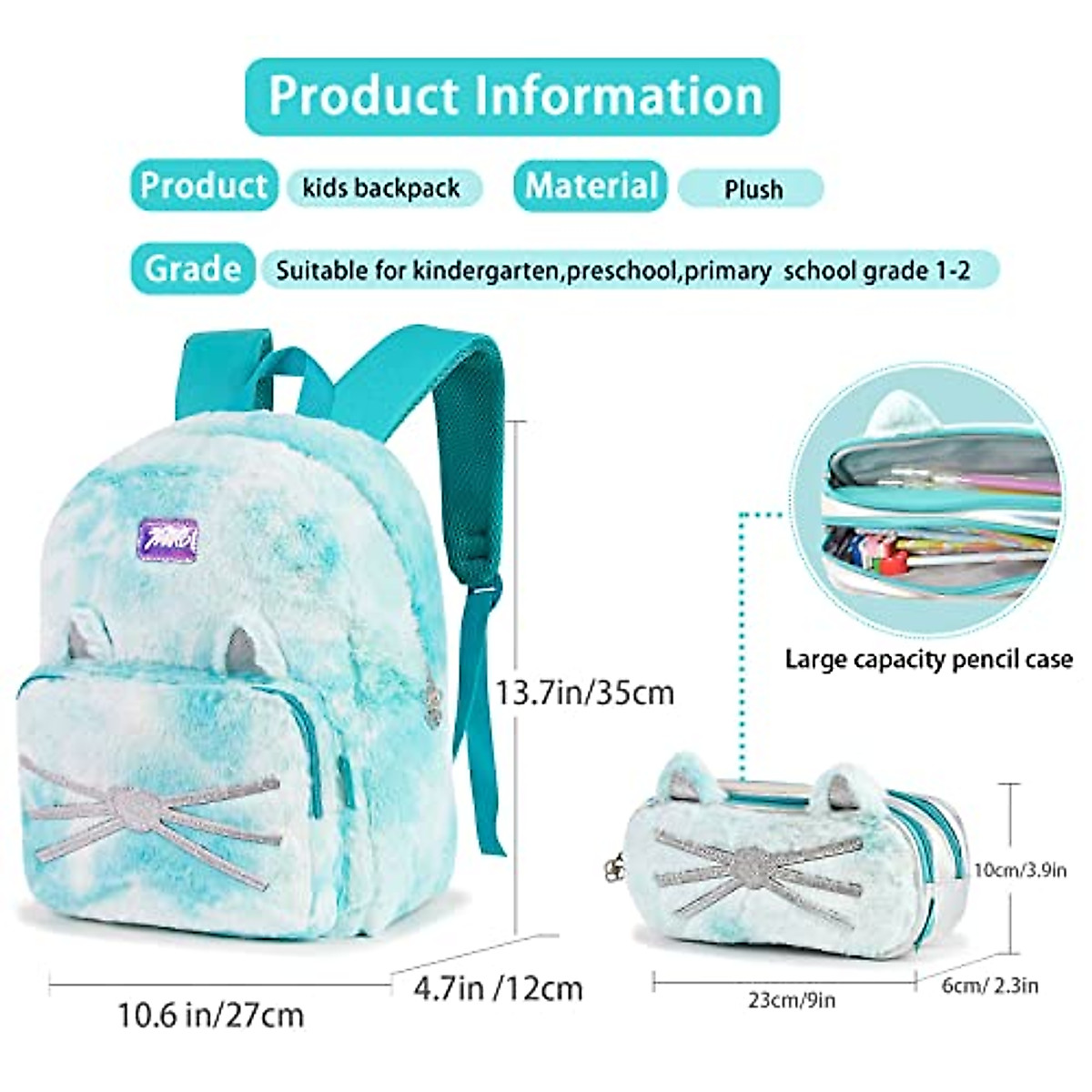 Bendopa Cat Backpack for Girls, Kids backpack Set with Pencil Case, Plush Kitty Schoolbag for Children, Furry Green