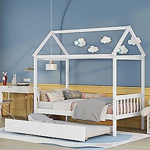 HAUSHECK Toddlers Montessori Bed with Trundle, Twin Size Montessori Bed Frame with Headboard & Footboard, House Bed Fun Playhouse for Kids Boys & Grils, No Box Spring Needed, Wooden Slatted Support