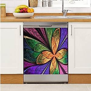 Dishwasher Magnet Cover Beautiful Multicolored Fractal Flower Butterfly Stained Glass Window Magnetic Refrigerator Stickers Decorative Appliance Cover Fridge Panels Metal Door Garage 23x26in