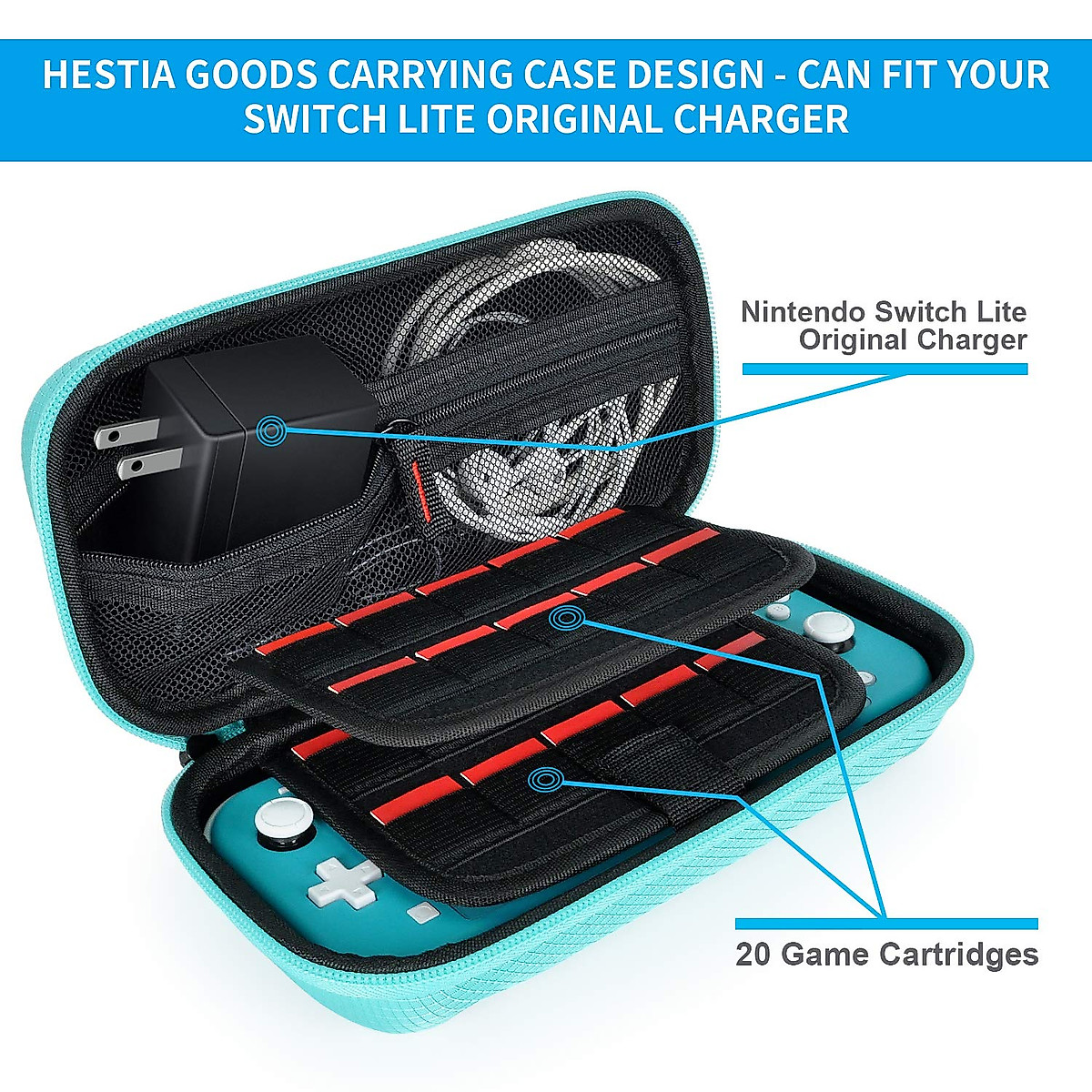 Daydayup Switch Case Compatible with Nintendo Switch Lite 2 Pack Screen Protector & 6 Pcs Thumb Grip, 20 Game Cartridges Hard Shell Travel Carrying Switch Lite Console & Accessories, Turquoise
