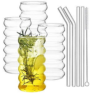 ALINK Ribbed Drinking Glass Cups with Straws Set of 4, 16 oz Aesthetic Iced Coffee Glasses, Wave Bubble Glasses Tumbler, Ripple Glassware, Beer Glasses for Coctail, Milk, Soda, Gift with Brush