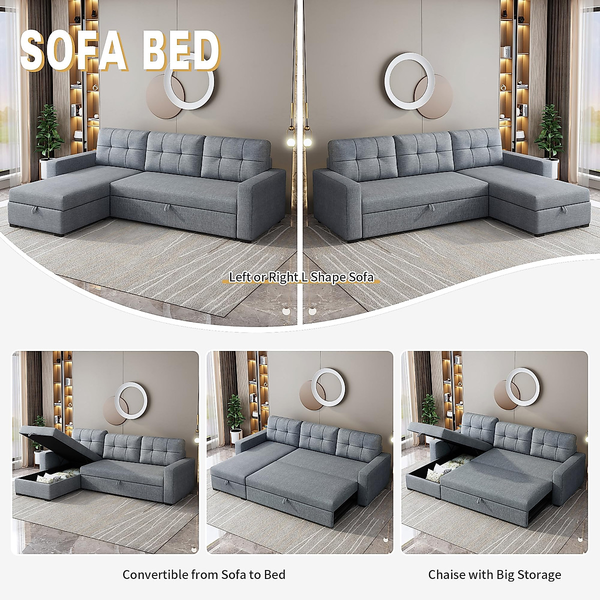 Acosure Pull Out Sofa Bed with Storage Chaise,L-Shape Sectional Corner Couch W/ 3 Back Cushions,Upholstered Convertible Sleeper for Apartment Dorm Living Room,Light Grey