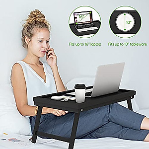 Bed Breakfast Tray Table Serving Lap Food TV Dinner for Eating with Folding Legs Black Bamboo