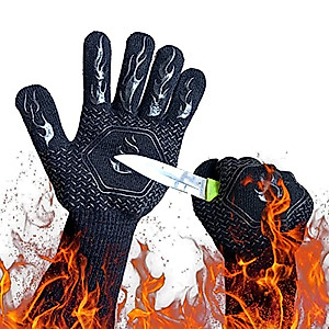 BBQ Fireproof Gloves - Grill Cut-Resistant Gloves 1472°F Extreme Heat Resistant, Silicone Non-Slip Oven Gloves for for Kitchen Garden BBQ Grilling and Outdoor Cooking Campfire