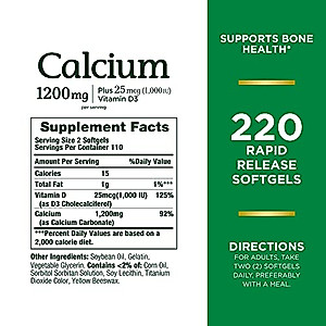 Nature’s Bounty Calcium 1200 mg With Vitamin D3, Bone Health & Immune Support, 1000 IU, 220 Softgels