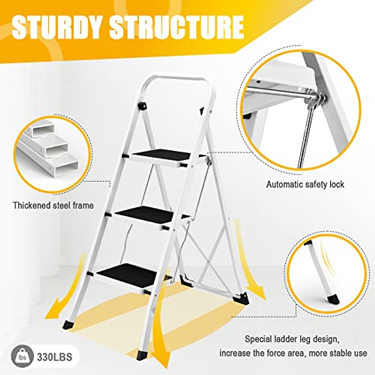 HBTower 3 Step Ladder Folding Step Stool Only 1.77" Wide, Lightweight Step Stools for Adults with Anti-Slip Pedal, Portable Steel Handrails Step Ladder Withstanding 330 lbs