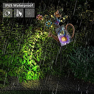 Solar Outdoor Watering Can Lights-Butterfly Decorative Path Lights, Metal Glass Solar Powered Garden Waterfall Decor Ornament for Yard Lighting Outside