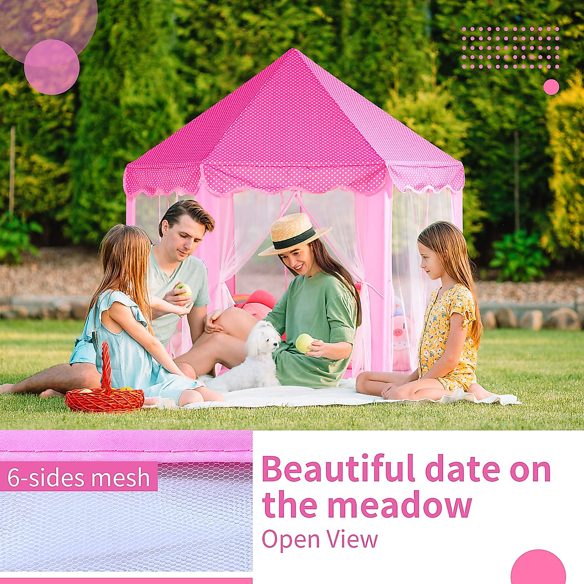 Sumbababy Princess Castle Tent for Girls Fairy Play Tents for Kids Hexagon Playhouse with Fairy Star Lights Toys for Children or Toddlers Indoor or Outdoor Games (Pink)