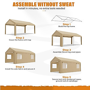 Betterland Carport, 10'x 20' Heavy Duty Carport Canopy，Outdoor Portable Garage with 2 Roll-up Doors & 4 Mesh Windows,All Weather Outside Car Shed for Car, Pickup,and Boat, Khaki