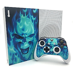 UUShop Protective Vinyl Skin Stickers for Microsoft Xbox One S with Two Free Wireless Controller Decals Blue Flame Fire Skull