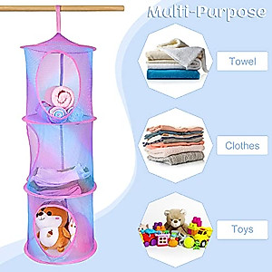 FIOBEE Stuffed Animals Hammock Net Toy Storage 2 Pack Hanging Stuffed Animals Organizer Holder Mesh Toy Organizer with 3 Compartments for Girls Room Closet Kids Playroom, Purple