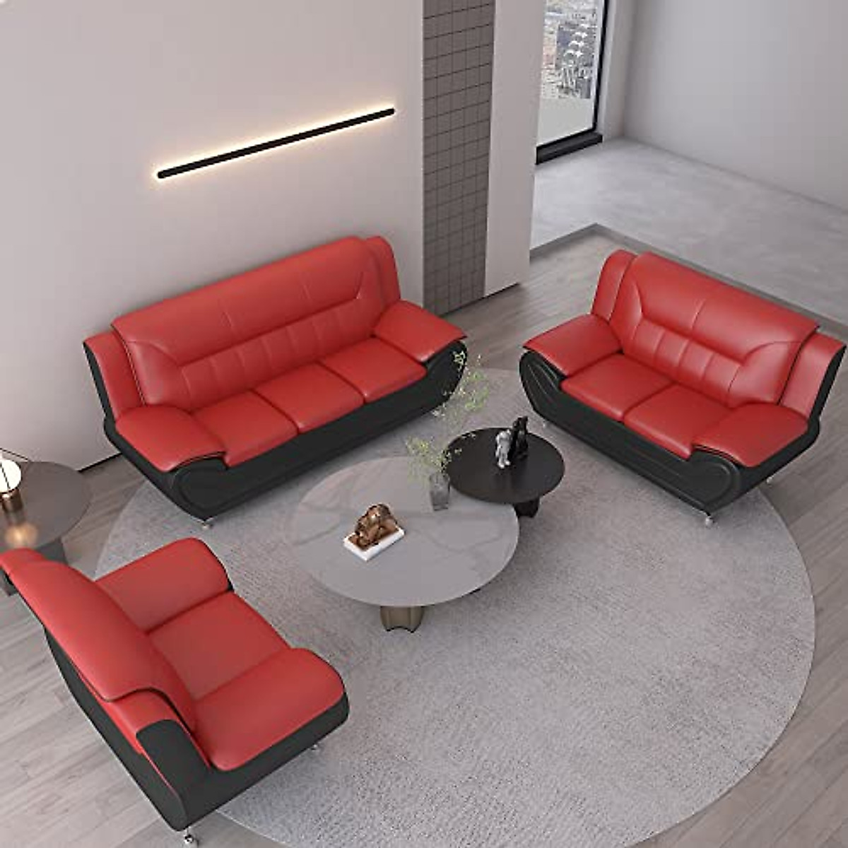 Container Furniture Direct S5732-L Modern Style Faux Leather Loveseat with Extra Comfortable Pillow Top Armrests Ideal for Living Room, Bedroom or Home Office Couch, 61.3’’ Wide, red/Black
