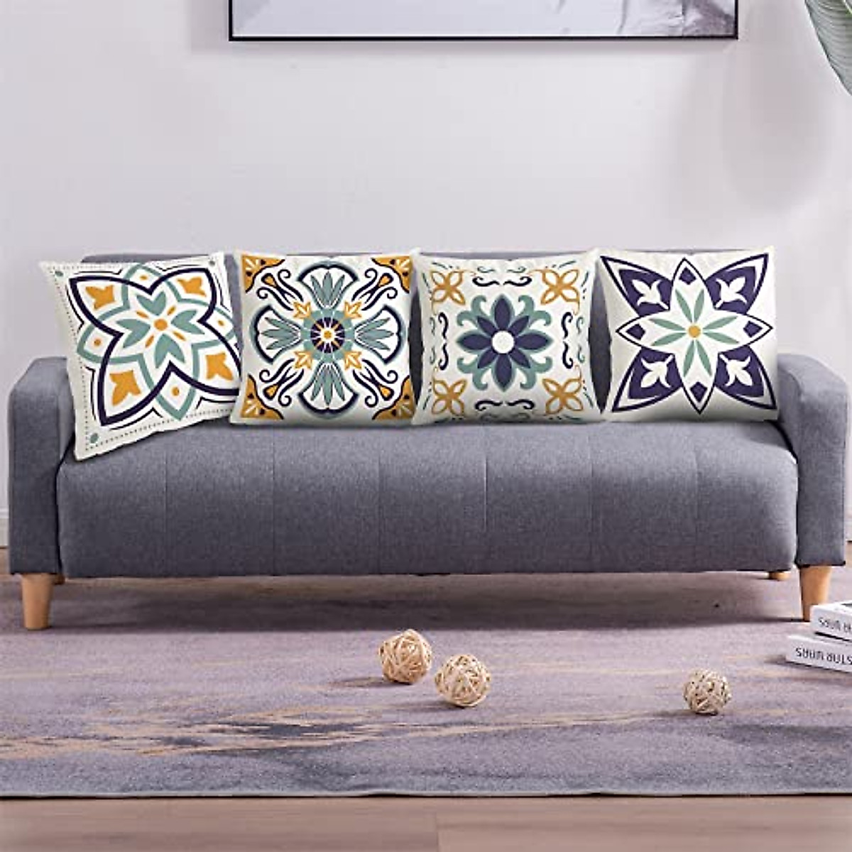 Outdoor Pillow Covers 18x18 Waterproof Outdoor Pillows for Patio Furniture Yellow and Blue Boho Outdoor Pillows Decorative Garden Cushion Couch Throw Pillows Covers Farmhouse Home Decor 