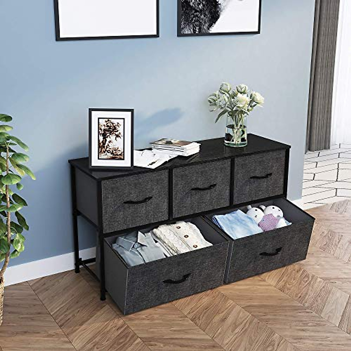 YITAHOME Storage Tower with 4 Drawers & Wooden Top (Black Grey) & Storage Dresser, Wide 5 Drawers, Black Grey