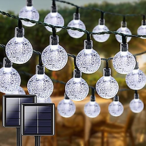 White 2-Pack 100 LED 64FT Crystal Globe Solar String Lights Outdoor, Waterproof Solar Lights Outdoor Decorative, 8 Lighting Modes Solar Powered Patio Lights for Garden Christmas Wedding Party (White)