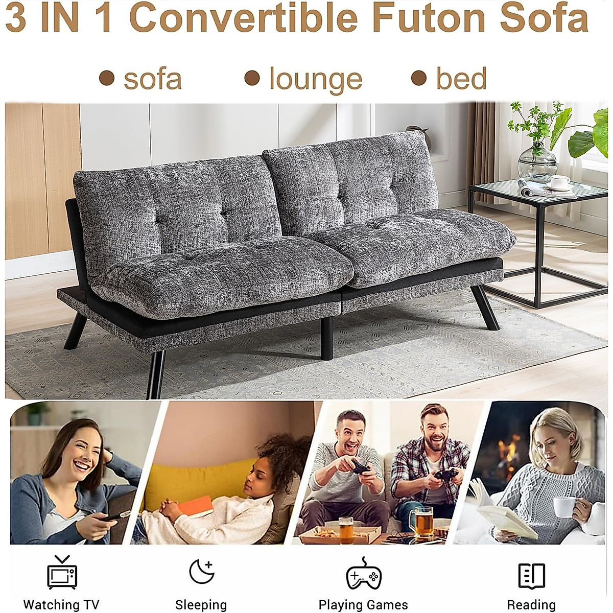 Futon Sofa Bed,Convertible Folding Futon Couch Breathable Small Couch for Compact Living Studio in Living Room and Bedroom,Offices,Dorm Loveseat (Grey)