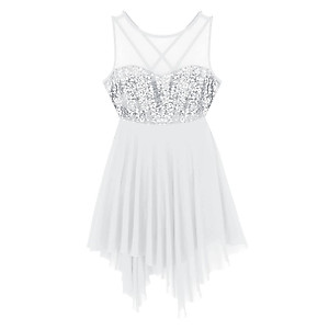 YiZYiF Women's Adult Lyrical Dance Leotard Costume Sequins Overlay Trianglar Cut Skirt Dancewear White X-Large