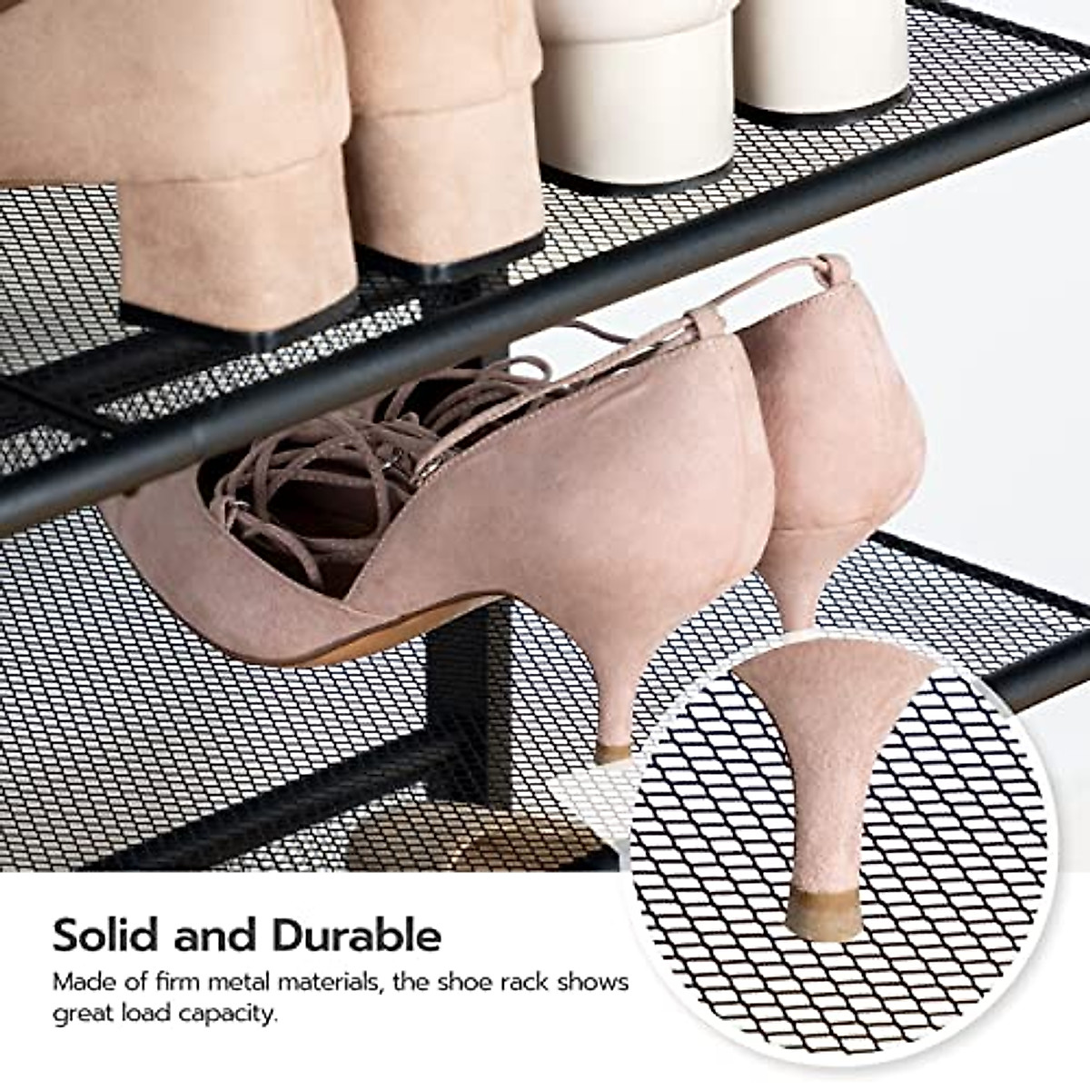 HOOBRO Shoe Rack, 4-Tier Shoe Rack, Shoe Shelf for Entryway, Closet, Holds 12-15 Pairs of Shoes, Shoe Storage Organizer with 3 Metal Mesh Shelves, Solid and Stable, Industrial, Greige BG42XJ01