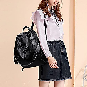 KOOIJNKO Women Backpack Purse, Rivet Studded Rucksack Convertible Ladies Fashion Casual Travel Daypack, 3 Ways Washed Leather Shoulder Bag (Black)