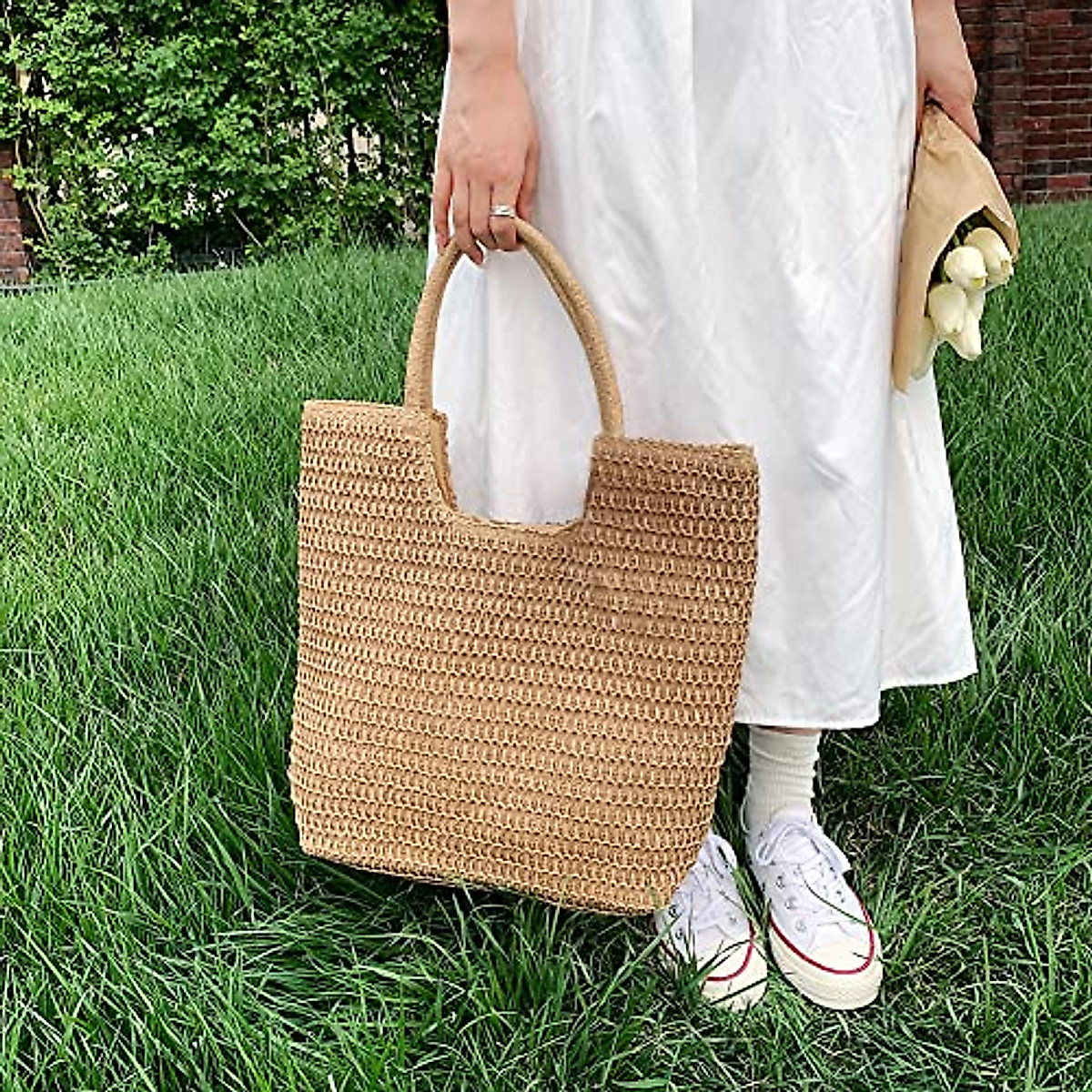 JQWYGB Straw Beach Bag - Straw Purses Handbags for Women Woven Beach Bag Summer Straw Tote Bag for Vacation (Brown)