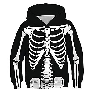 uideazone Cosplay Hoodies for Kids Teen Boys Girls Halloween Hooded Sweatshirt 3D Skeleton Printed Pullover Coat Jacket Hoody 12-13 years