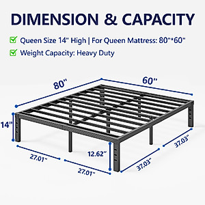 Furnitui 14 Inch High Metal Queen Bed Frame, Platform Bed Frame Queen Size No Box Spring Needed, Easy Assembly, Noise Free, Sturdy, Black
