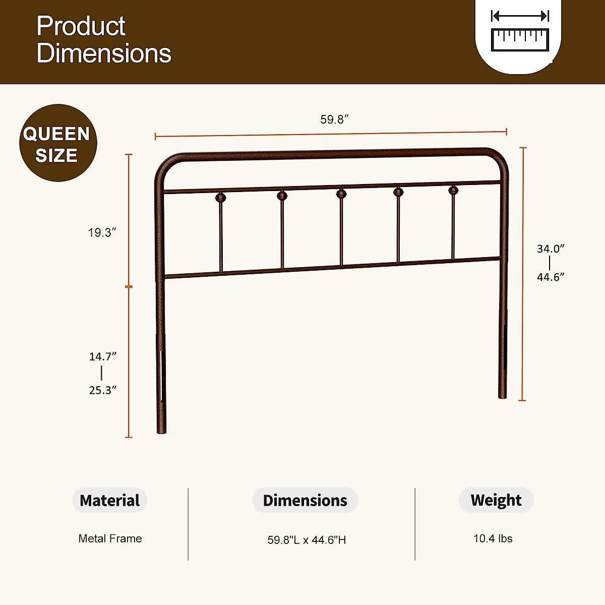 IKIFLY Metal Queen Size Headboard, Adjustable Height, Farmhouse Victorian Style, Easy Assembly, Steel Headboard Only for Bedroom, Brown/Queen
