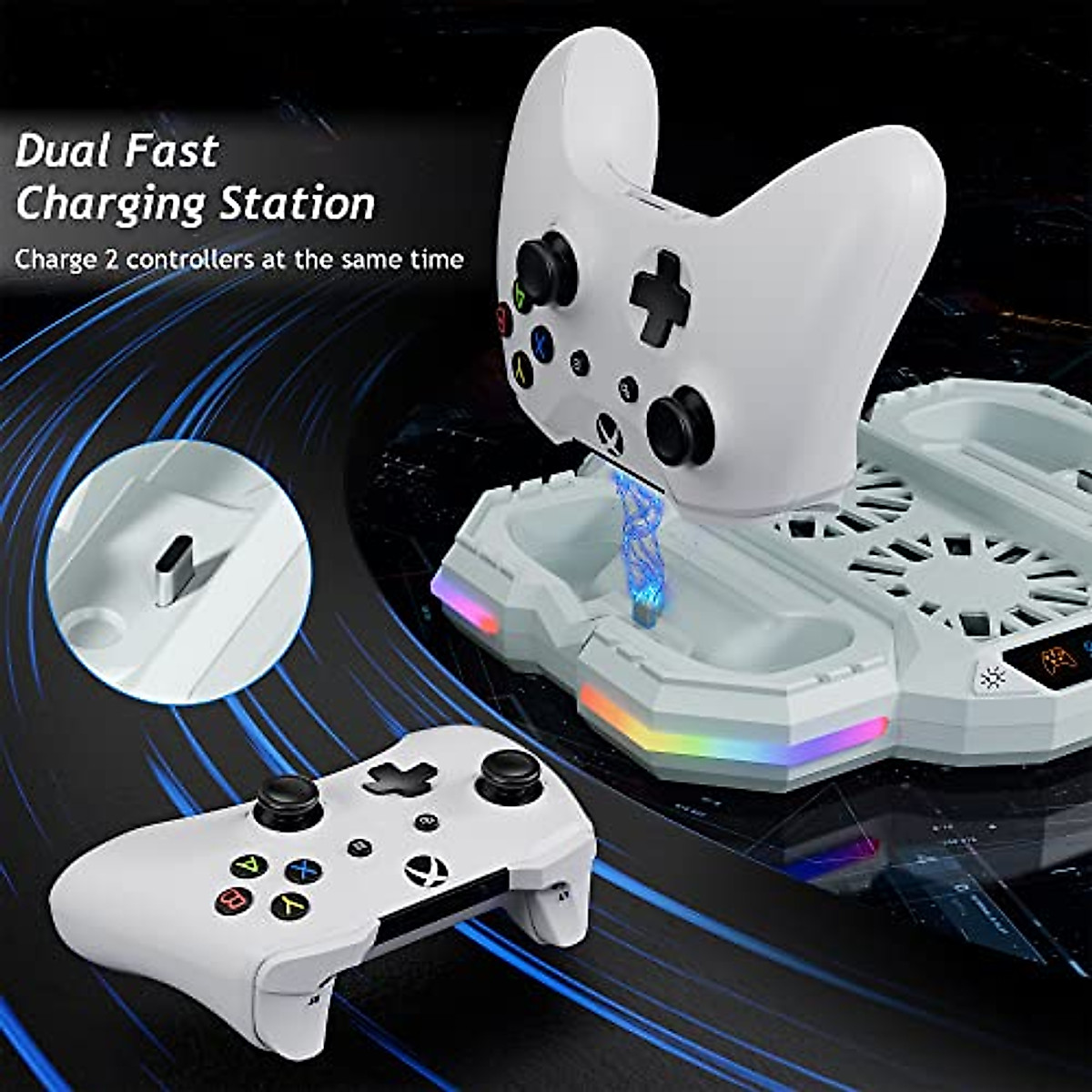Cooling Fan Stand for Xbox Series S with RGB Light Strip, Wiilkac Upgraded Dual Controllers Charging Dock Accessories with 2 X 1400mAH Rechargeable Battery Pack, Headset Hook & USB Ports - White