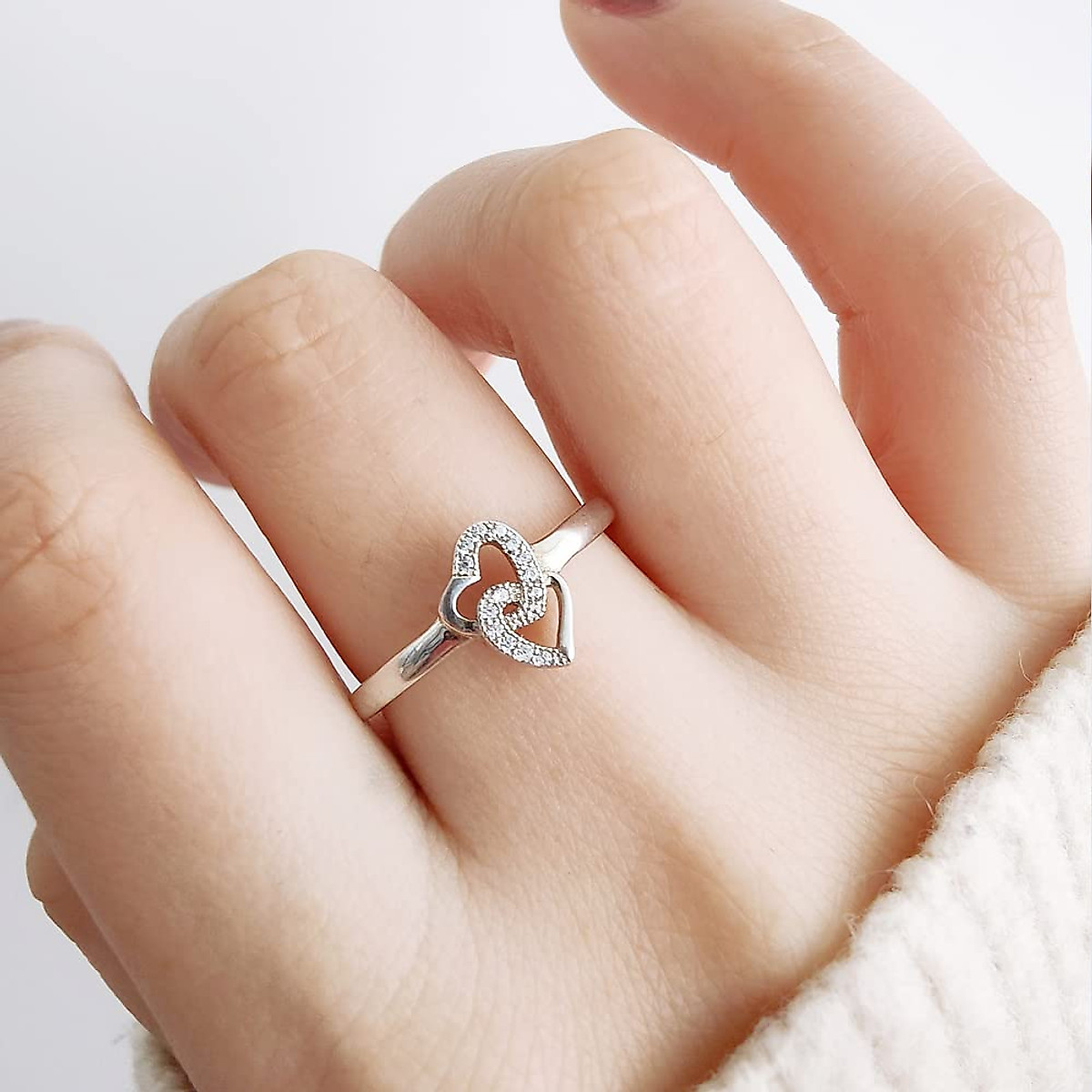 Useebest 925 Sterling Silver Double Heart Rings Love Knot Ring for Women Adorable Jewelry Gift Rings Cubic Zirconia Stackable Rings Eternity Bands Engagement Band for Women