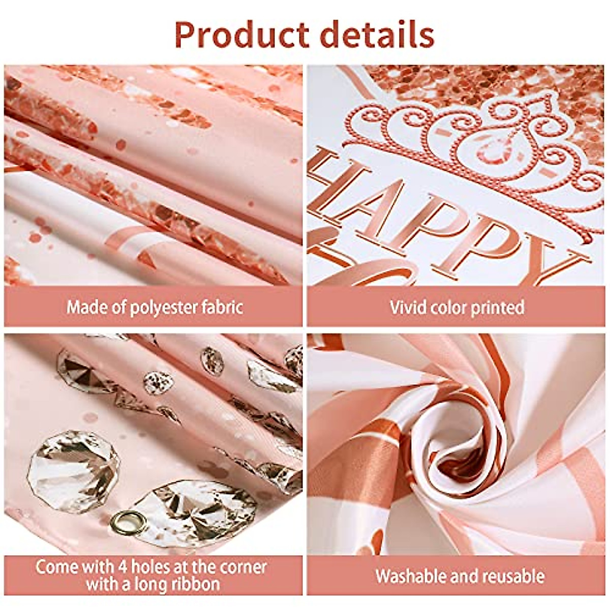 Rose Gold Happy Birthday Backdrop for Girls Women Rose Gold Happy Birthday Banner Glitter Diamond Birthday Backdrop Sweet Princess Birthday Photography Background