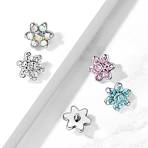 Pierced Owl Set of 4 Stainless Steel Prong Set Crystal Flower Internally Threaded Dermal Anchor Tops (16GA (1.2mm))