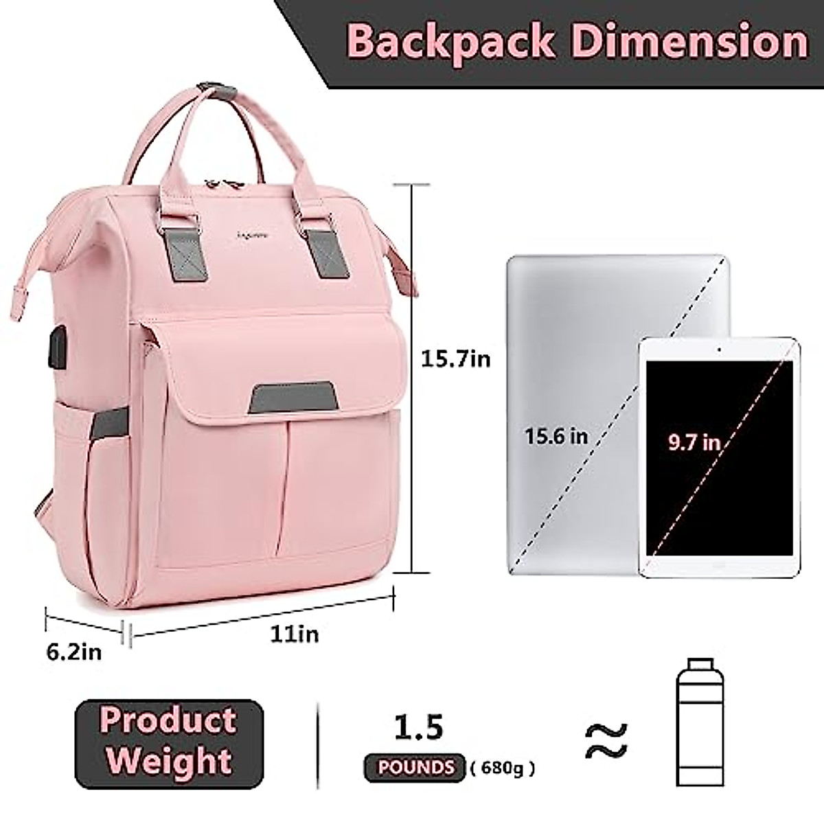 Laptop Backpack Travel Women Bag- 15.6 Inch Computer Backpack Anti Theft Daypack Casual School Bag College Backpack Teacher Nurse Work Book bags with USB Charger for Teens Girls Women Students Pink