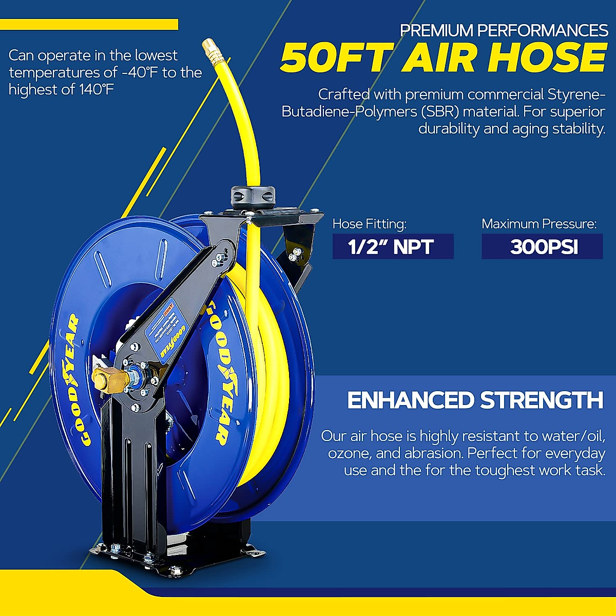 Goodyear Air Hose Reel Retractable 1/2" Inch x 50' Foot Long Premium Commercial Driven Sbr Hose Max 300 Psi Reinforced Steel Construction Heavy Duty Retractable Spring Industrial Dual Arm and Pedestal