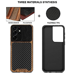 TENDLIN Compatible with Samsung Galaxy S21 Ultra Case Wood Grain with Carbon Fiber Texture Design Leather Hybrid Case (Black)