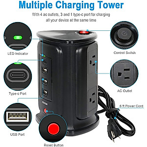 ODOM Power Strip Tower , 6 Outlets 4 USB Ports (1 USB C ), 6 feet Extension Cord , 1250J Surge Protector Multiple Plug Outlet Fast Desk Charging Station, Office Supplies , College Dorm Room Essentials