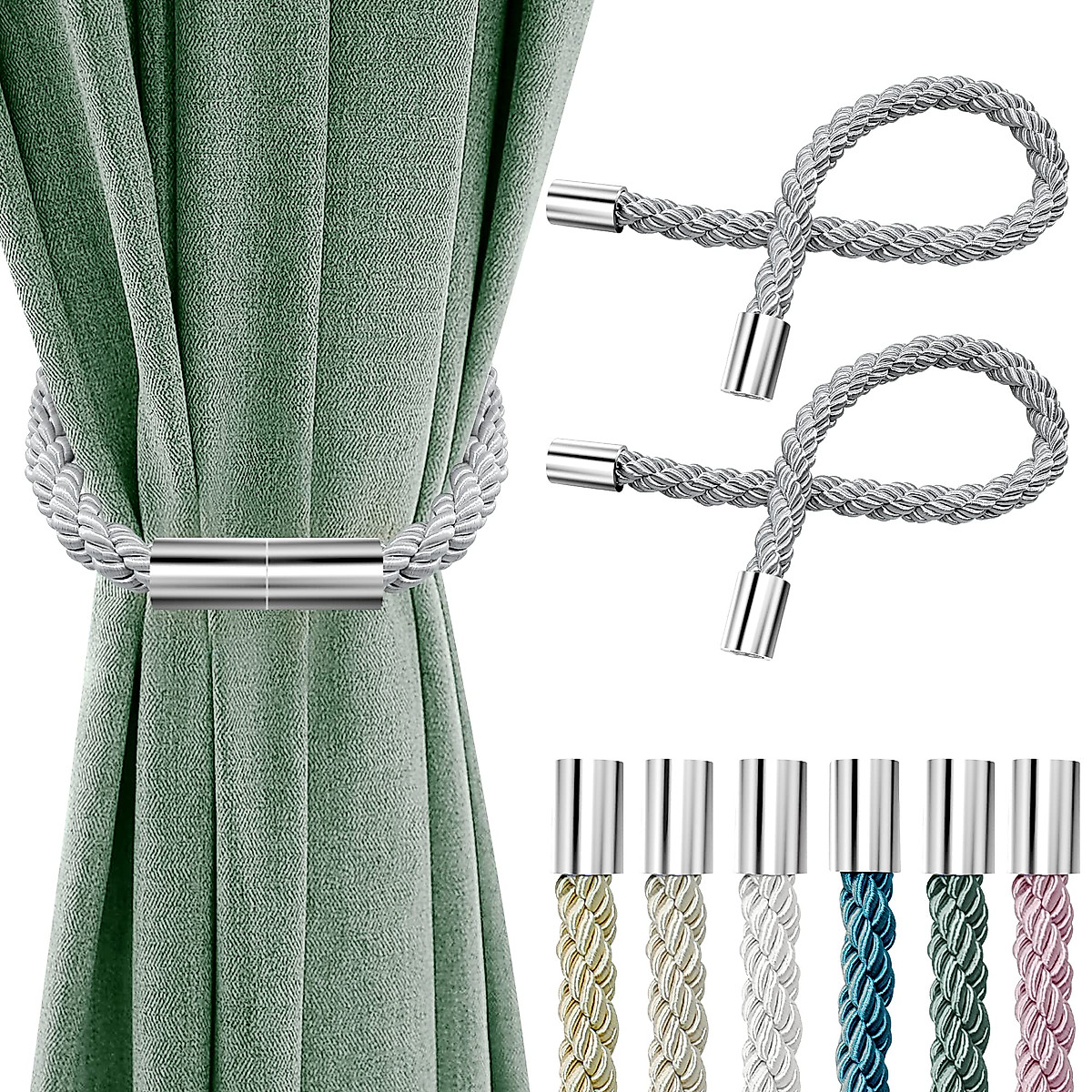 VIKIMORA 2 Pack Curtain Tiebacks for Draperys Gray, Strong Magnetic Curtain Tie Backs,Curtain Holders for Thick Drapes,Gray Cotton Rope Tie Backs for Heavy Duty Drapes,Gray