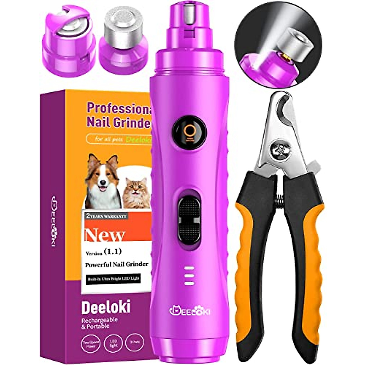 Dog Nail Grinder With LED Light,2-Speed Powerful Motor Painless Electric Dog Nail Trimmers Upgrade Super Quiet Dog Nail Clipper Set for Small Medium Large Dogs Cats Paws Grooming & Smoothing Tools