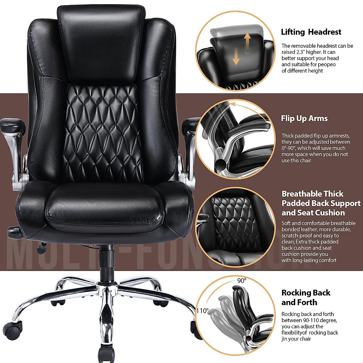 High Back Office Chair with Flip-up Armrests - Lifting Headrest, Built-in Adjustable Lumbar Support, Comfortable Home Office Chair, Executive Office Chair, Ergonomic Design, Sturdy Metal Base