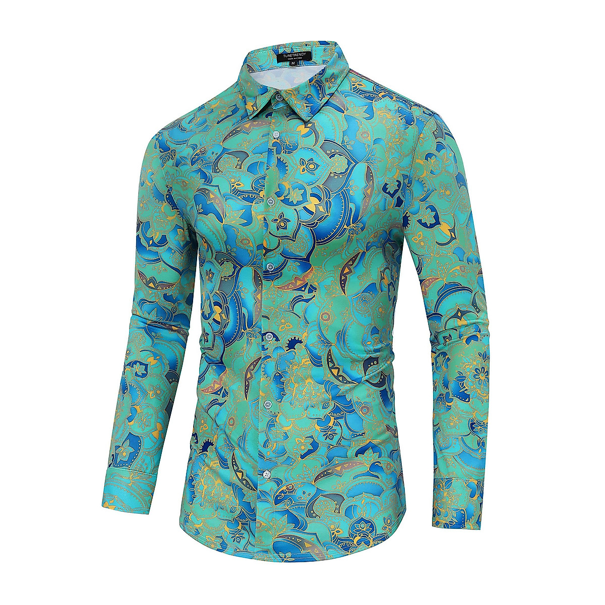 TURETRENDY Men's Paisley Floral Dress Shirt Long Sleeve Slim Fit Button Down Shirts for Prom Wedding Party, Blue Green L